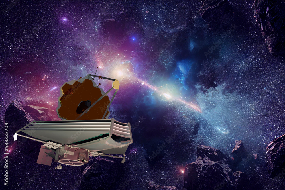 James Webb telescope in outer space on orbit of Earth. Planet surface ...
