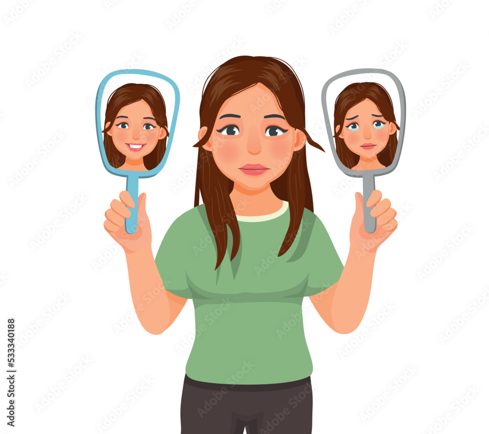 Young woman suffer from bipolar disorder manic depression with two ...