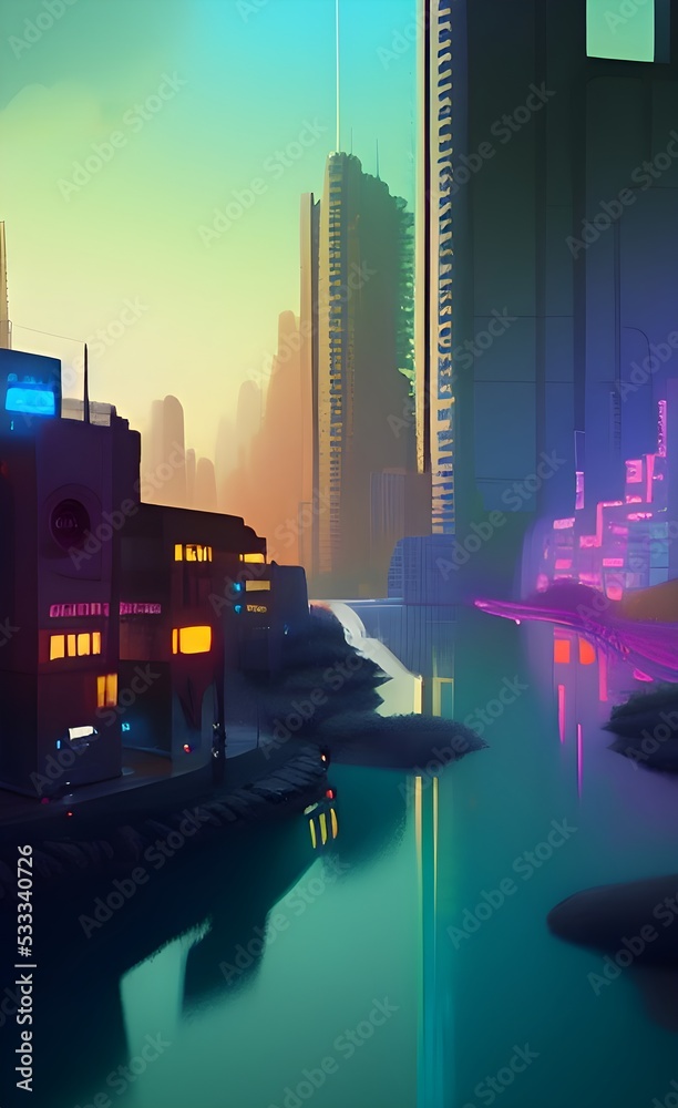 Modern metropolis night landscape in fluorescent, neon colors cartoon ...