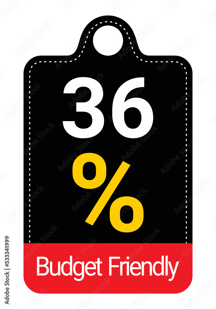 36% Budget Friendly sign tag, label vector art Black Background white ...