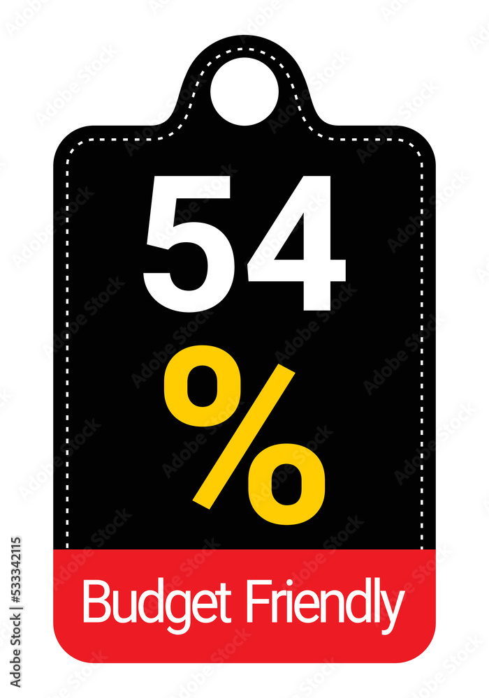 54% Budget Friendly sign tag, label vector art Black Background white ...