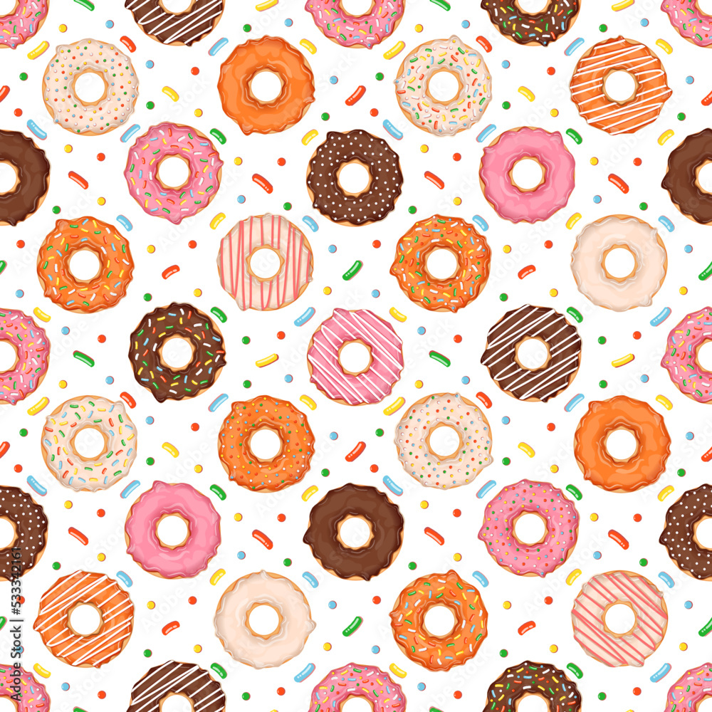 Seamless pattern with donuts of different flavors and toppings. Vector ...