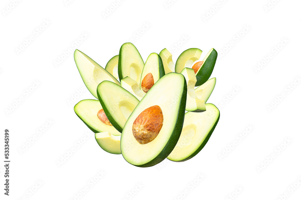 Set of falling fresh avocado with pit isolated on white background ...