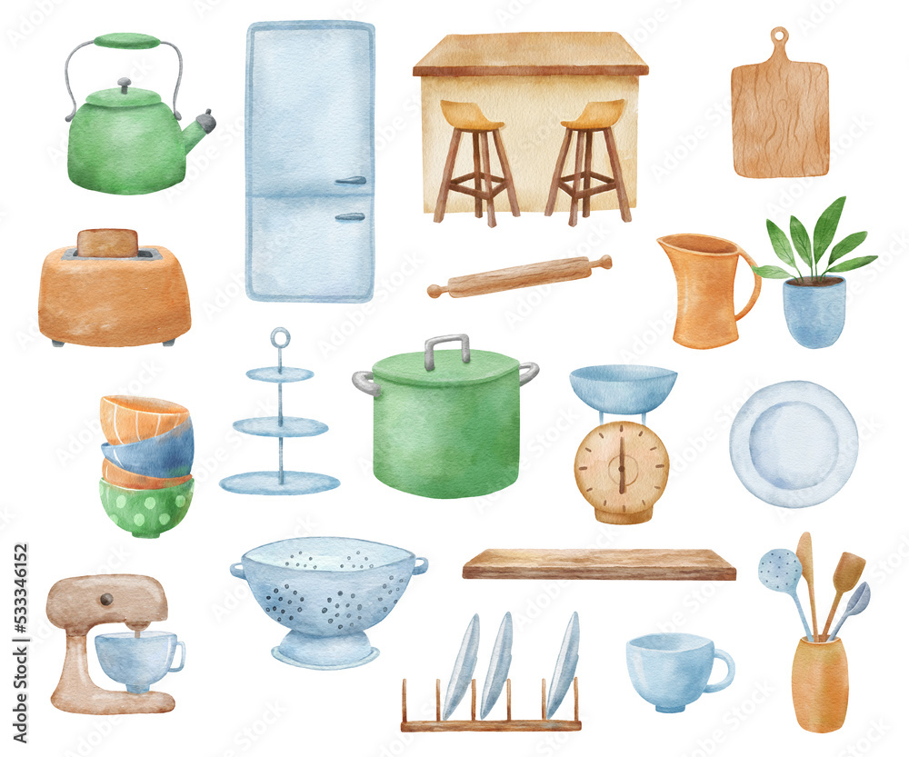 Watercolor cute kitchen tool. Saucepan, kettle and refrigerator drawing ...
