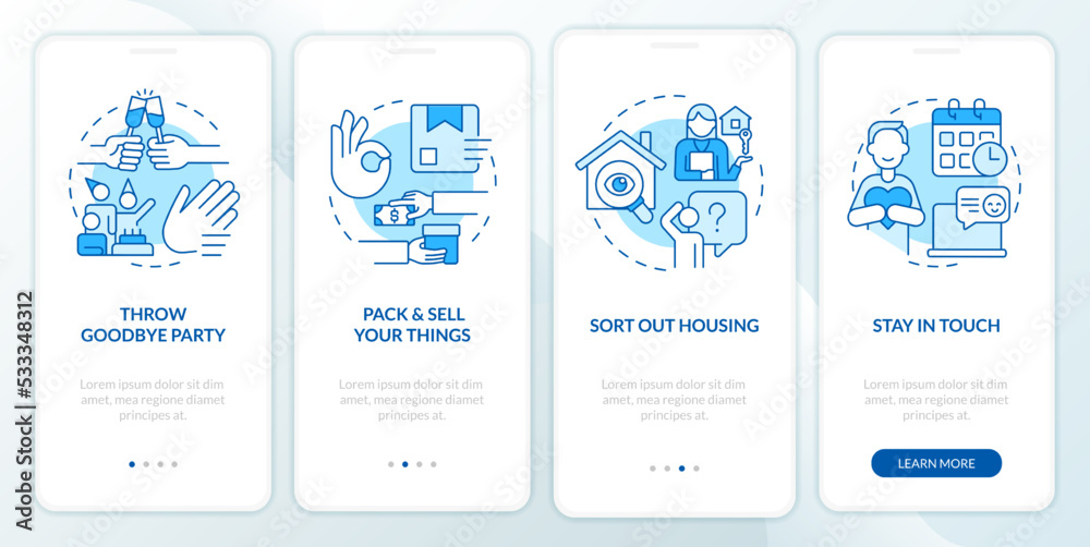 Immigration advices blue onboarding mobile app screen. Relocation ...