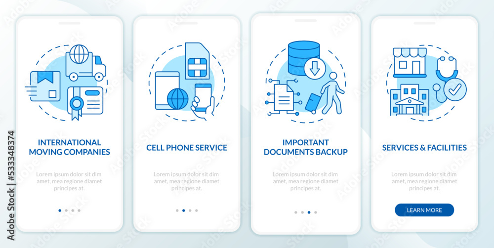 Prepare to live abroad blue onboarding mobile app screen. Immigration ...