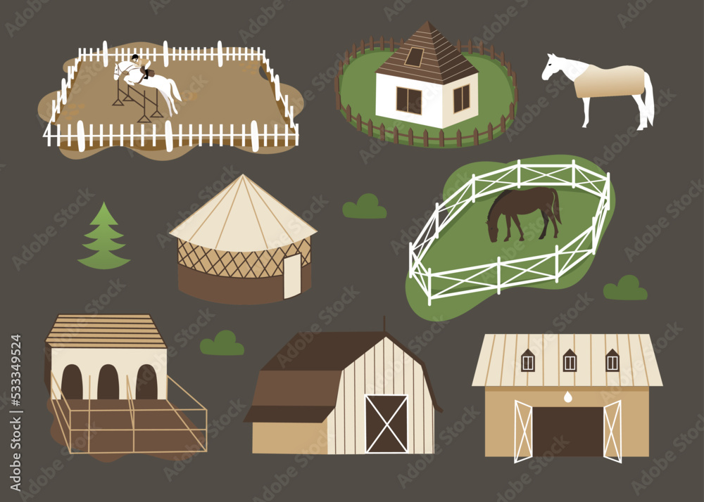 Countryside collection, horses farm, paddock with fence. Set of village ...