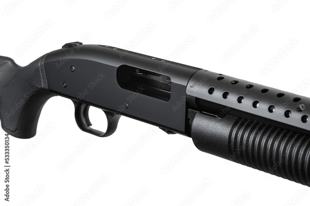 Pump-action 12 gauge shotgun isolated on a white back. Close-up shot of ...