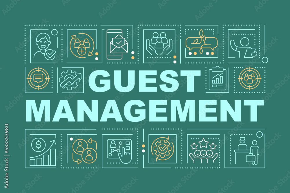 Guest management in hotel word concepts dark green banner. Hospitality ...