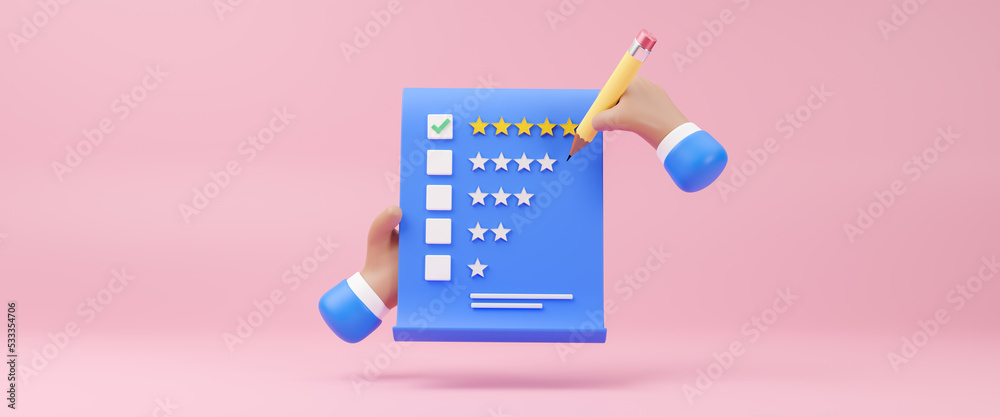 3D hands holding clipboard with rate stars and pencil. Customer review ...