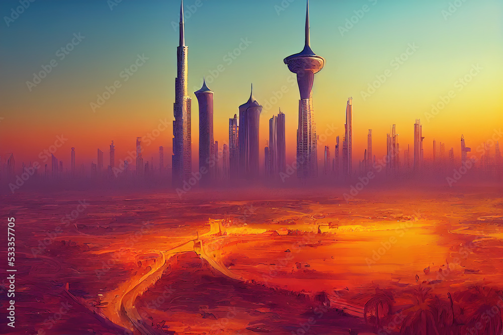 Cartoon drawing Kingdom of Saudi Arabia Landscape by day Riyadh Tower ...