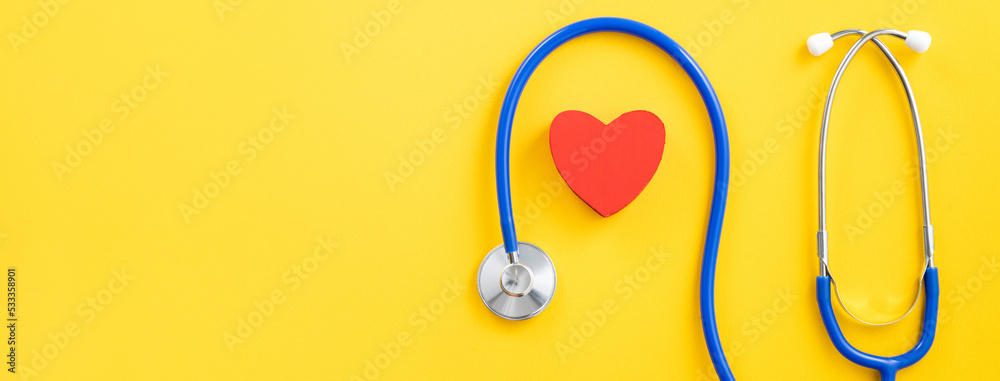 Blue stethoscope with red heart, medical care design concept. Stock ...