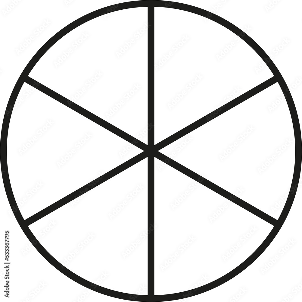 Pie chart, diagram. Black outlined circle divided in six parts, into ...