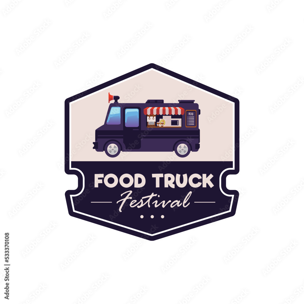 Food truck logo or sticker, flat vector illustration isolated on white ...