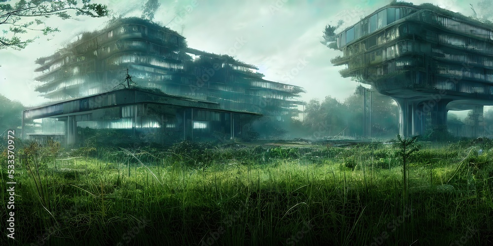 Architecture of the future, a ruined city overgrown with greenery ...