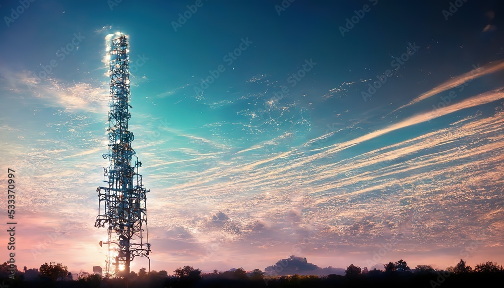 Against the pink sunset stands a tall satellite tower. 3D rendering ...