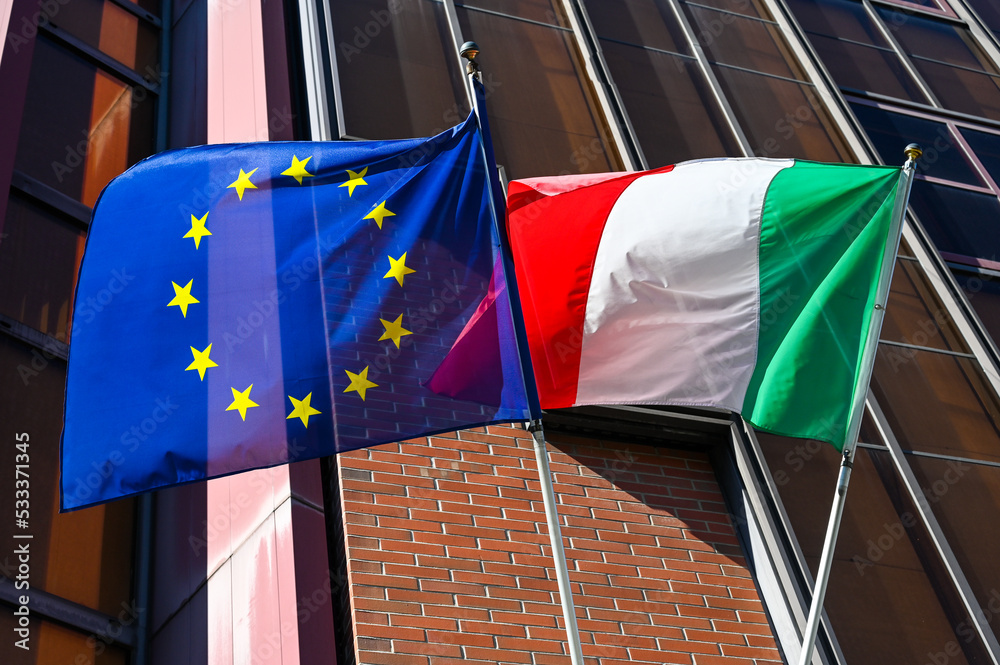 Italian and EU flag waving in the wind. Flag of Italy and European ...