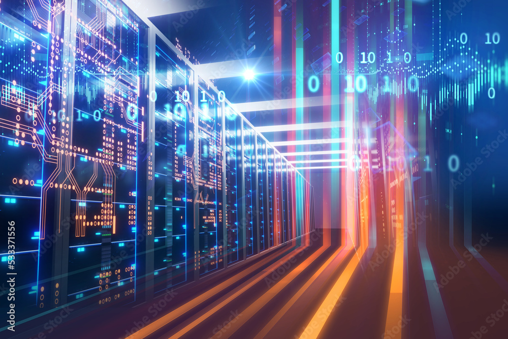 Corridor of server room with server racks in datacenter. 3d ...