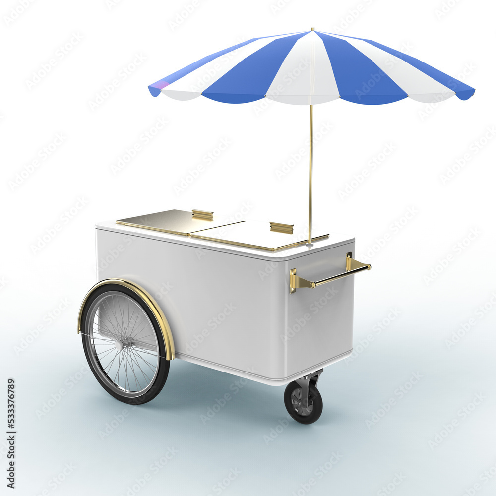 Promotion counter on wheels with umbrella, food, ice cream, hot dog ...