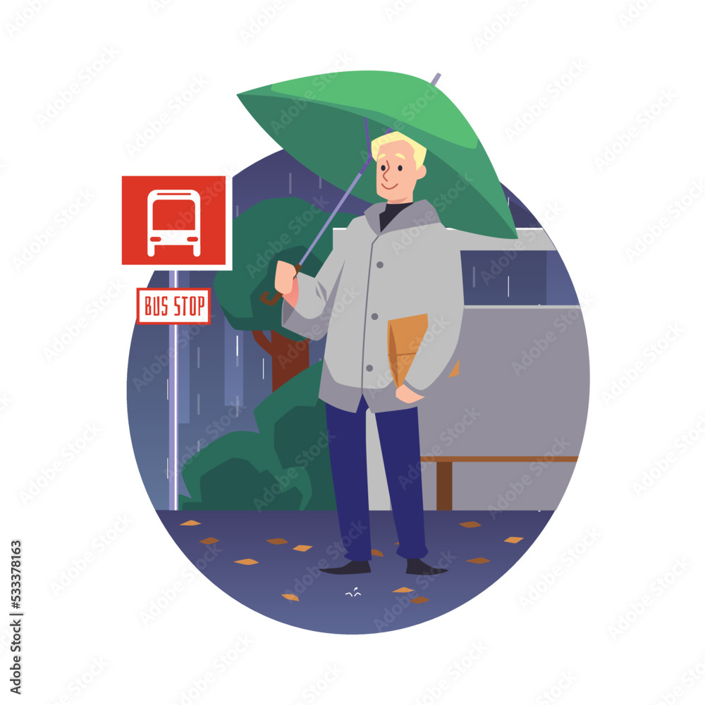 Man waiting a bus in the rain cartoon flat vector illustration isolated ...