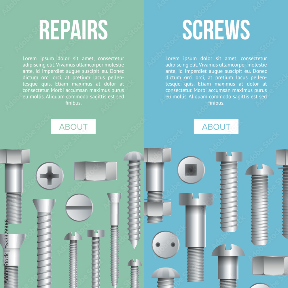 Construction shop advertising flyers with realistic metallic bolts and ...