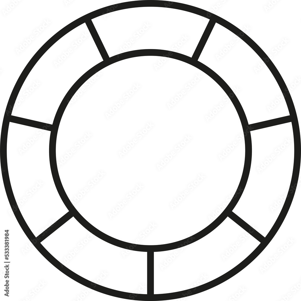 Pie chart, diagram. Black outlined circle divided in seven parts, into ...