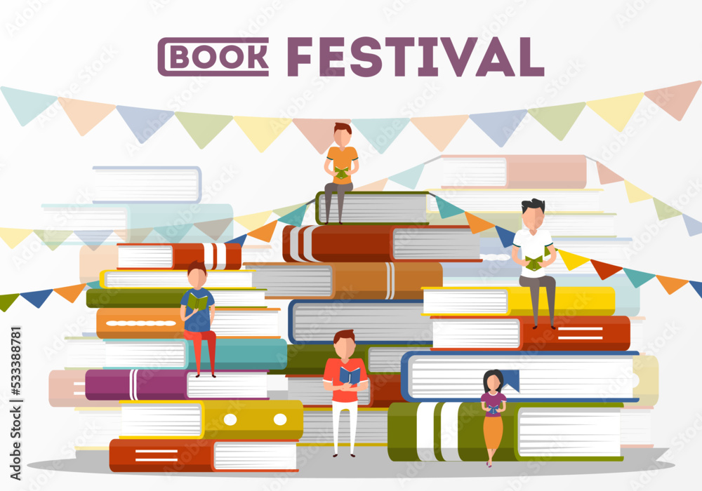 Vetor de Book festival poster with stacks of big books and small people ...