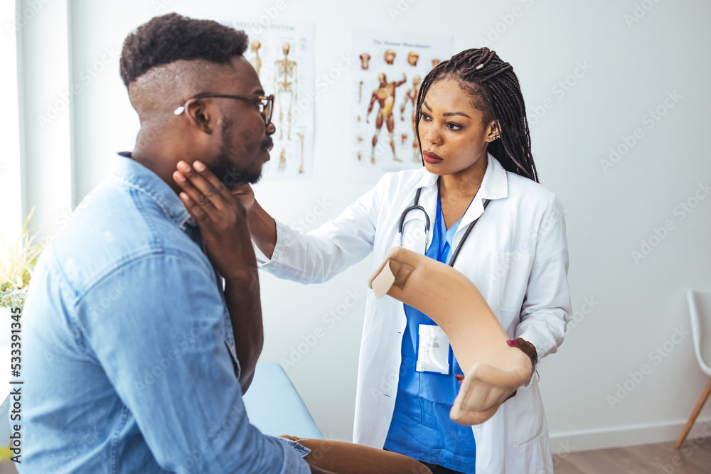 Man with cervical neck collar at doctor office, asking for help and ...