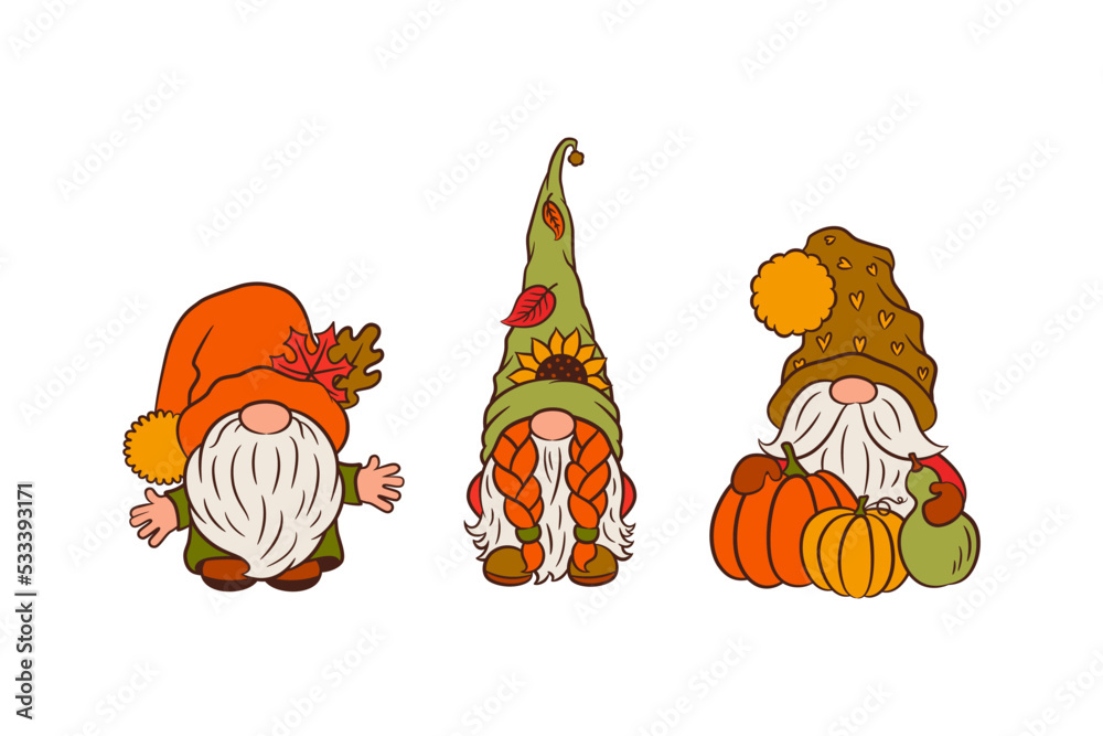 Cute autumn gnomes cartoon fun illustration. Fall scandinavian gnomes ...