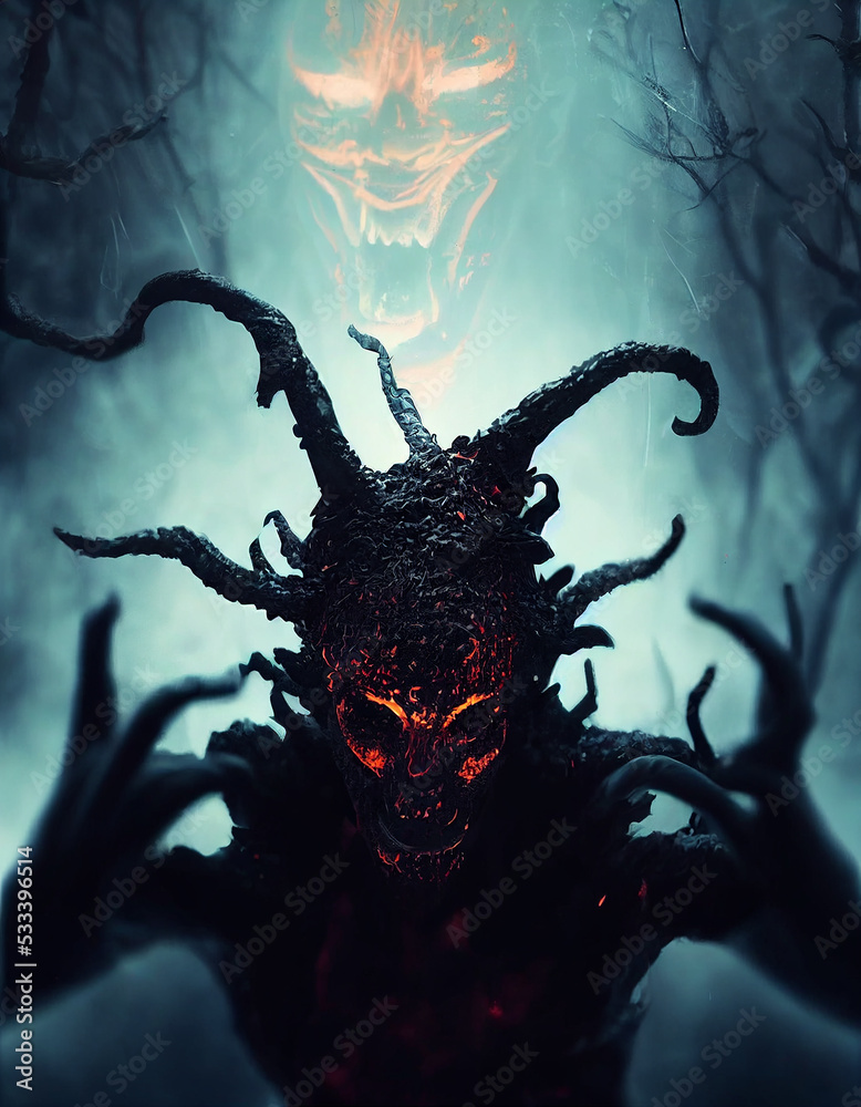 Mystical Savage Macabre Satanic Demon with Horns 3D Art Conceptual Illustration. Vertical ...