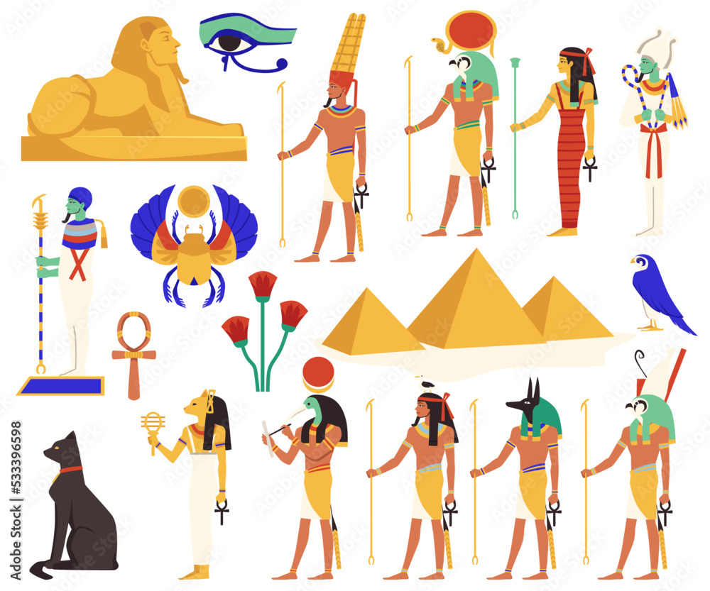 Set of Egyptian gods and religious symbols, flat vector illustration ...