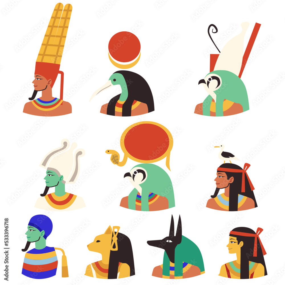 Egyptian gods and goddesses portraits collection, vector illustration ...