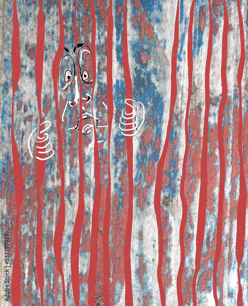 drawing artline conceptual red prison bars on a red-blue background and ...