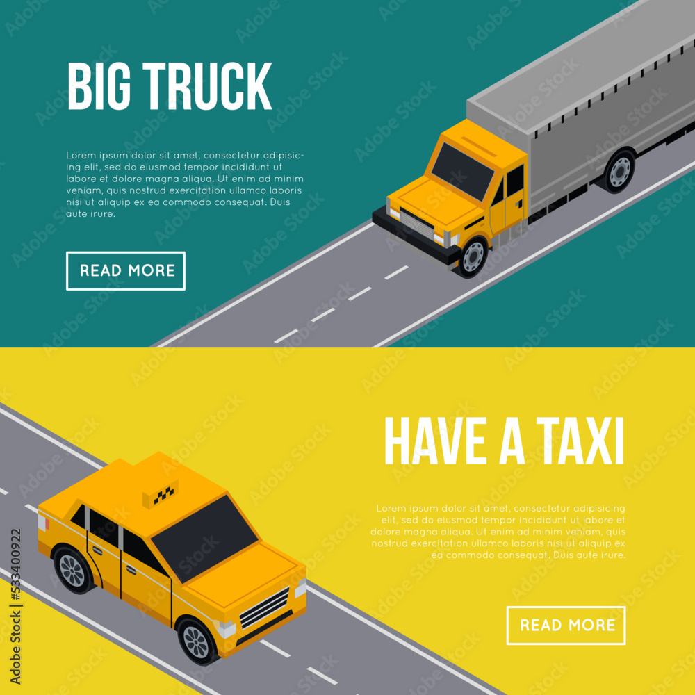 City traffic flyers with freight truck and taxi car in highway. Urban ...