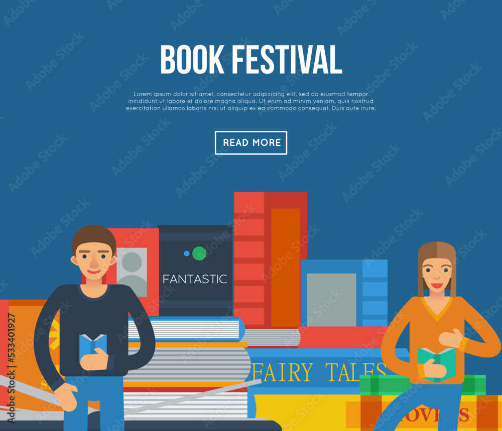 Book festival poster with big books and people reading. Literature ...