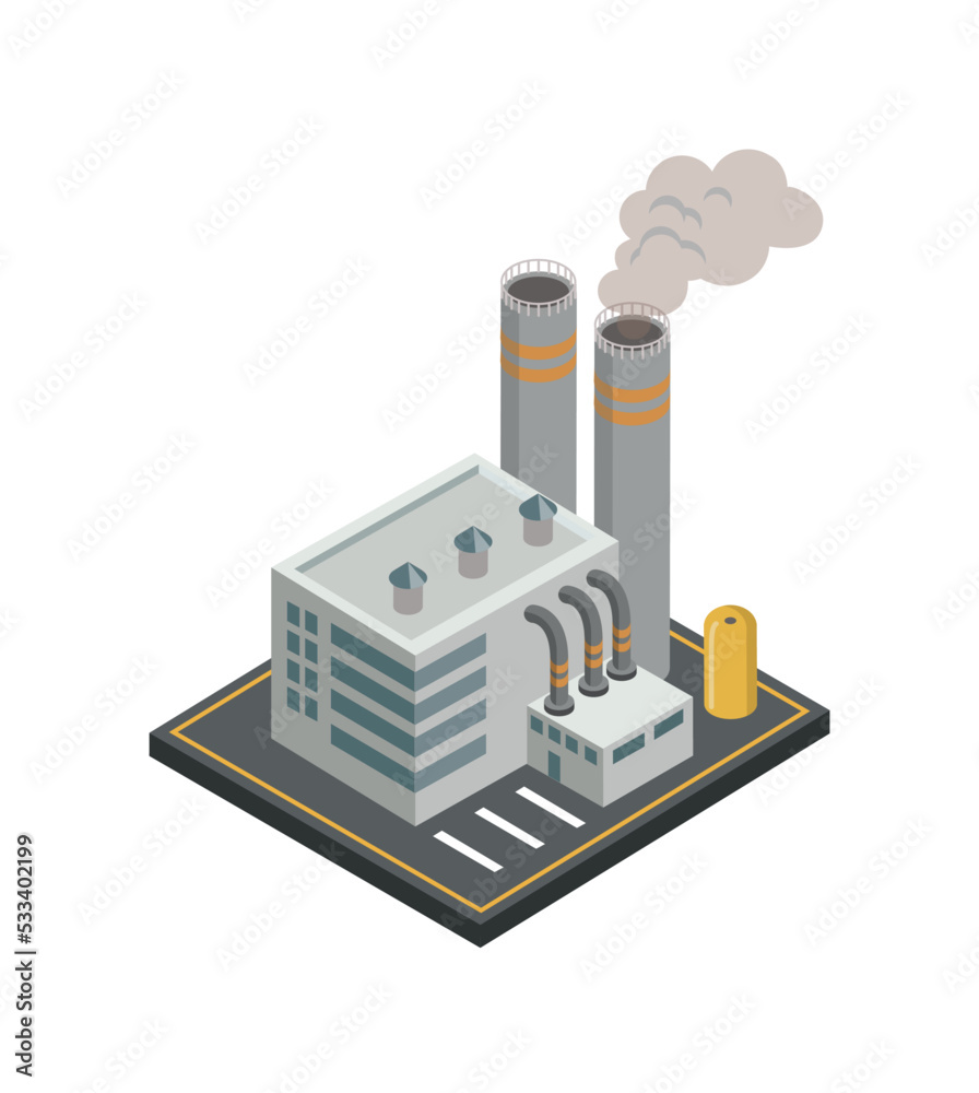 Chemical plant with smoke pipes isometric 3D element. Heavy industry ...