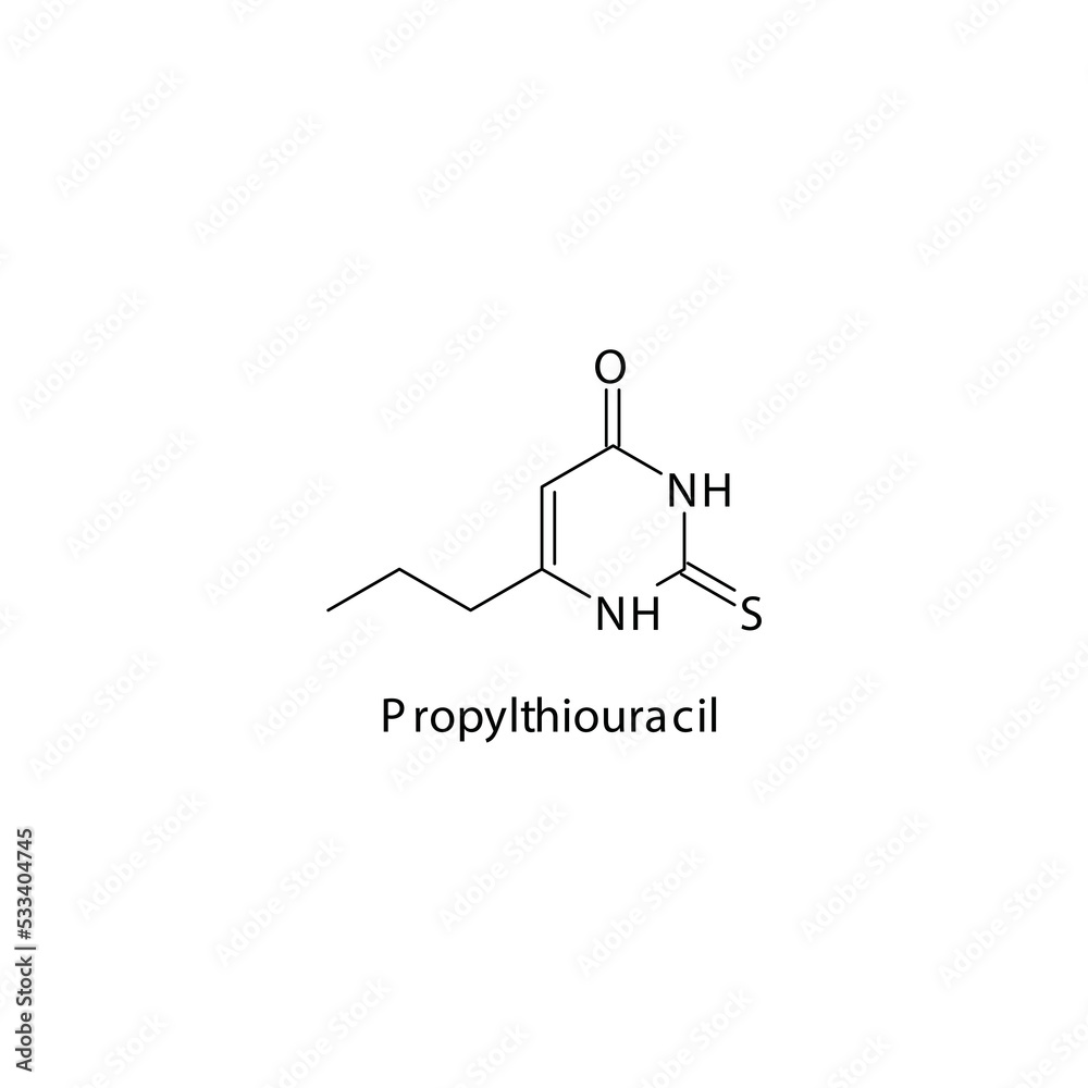 Propylthiouracil molecule flat skeletal structure, Antithyroid drug ...