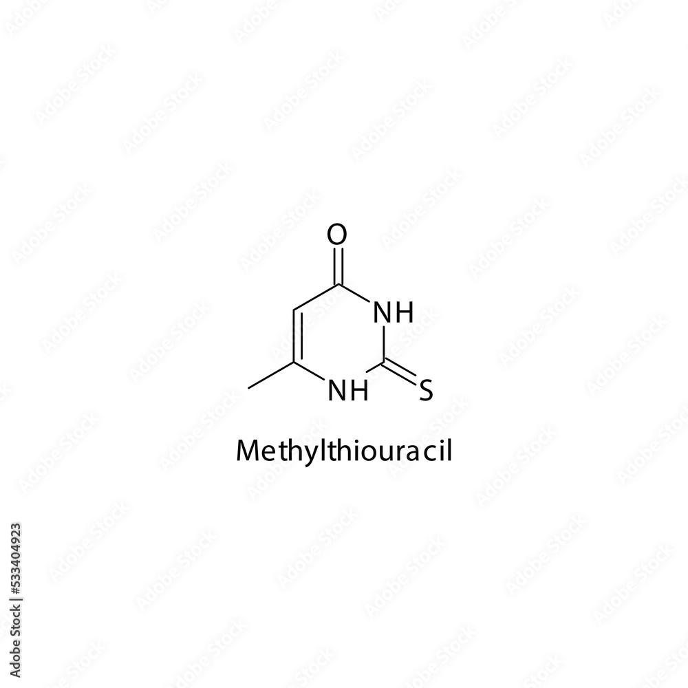 Methylthiouracil molecule flat skeletal structure, Antithyroid drug ...