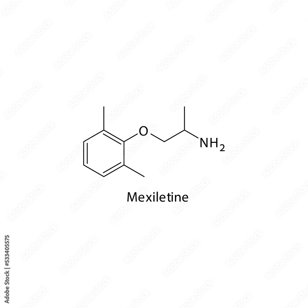 Mexiletine molecule flat skeletal structure, Class Ib antiarrythmia ...