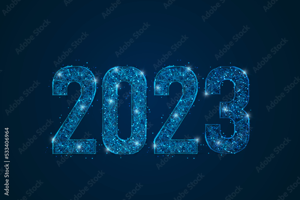 Abstract isolated blue image of new year number 2023. Polygonal low ...