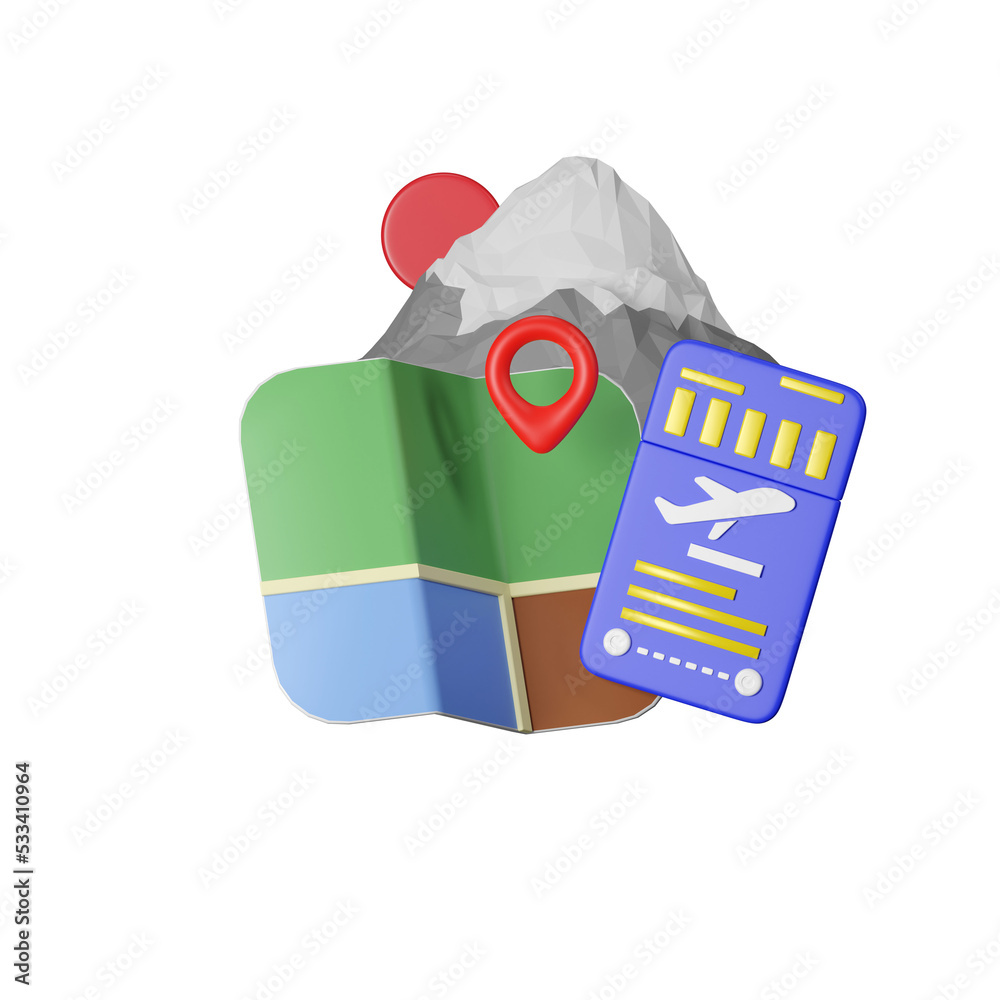 Folded map with boarding pass and location pin with mt.fuji isolated ...
