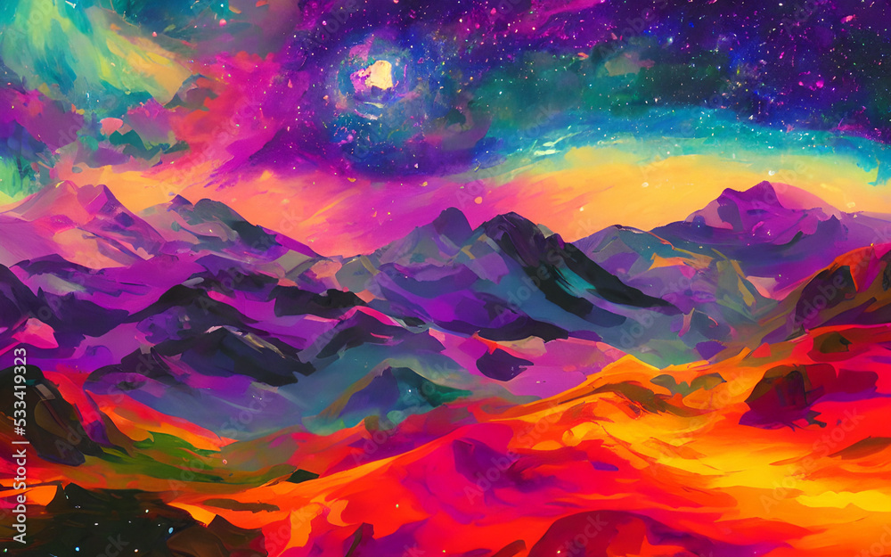 In the dreamy psychedelic space landscape, swirls of brilliant color ...