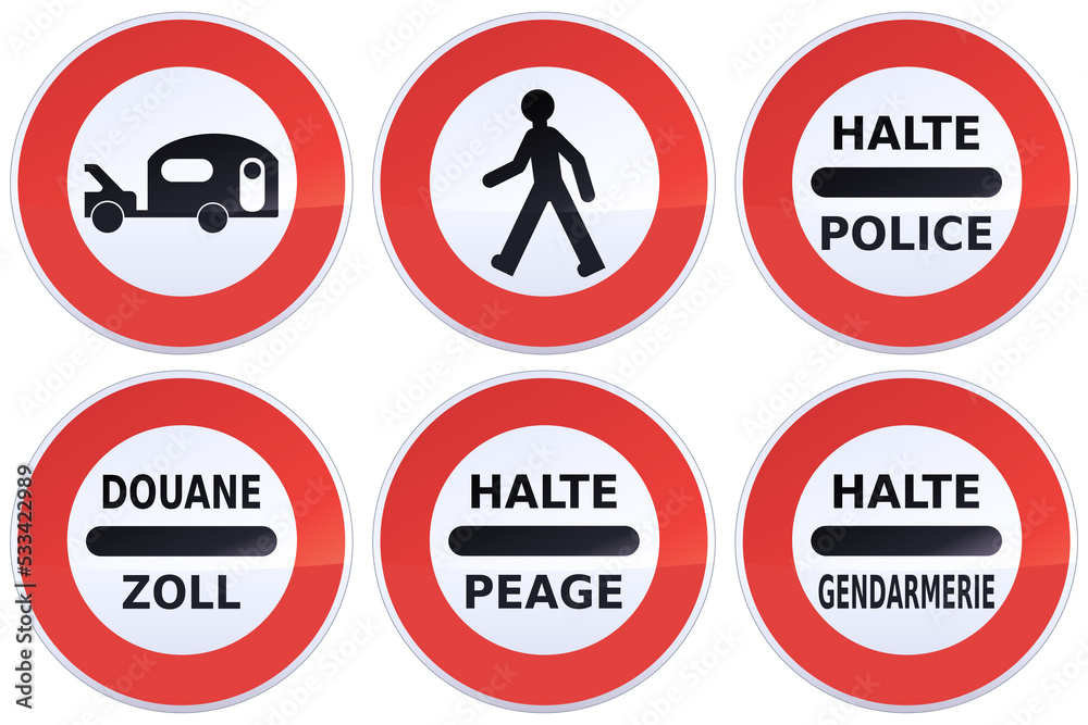 Collection of circular red, black and white road prohibition signs with ...