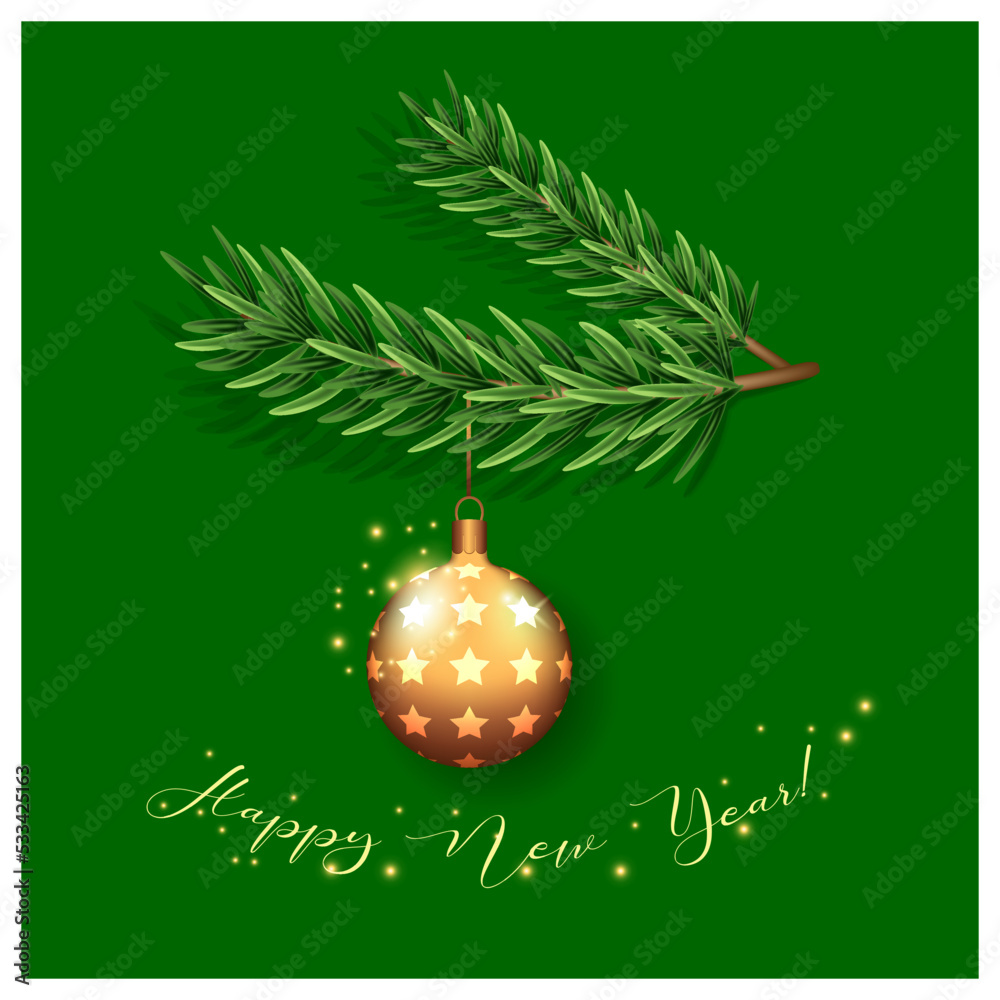 Background with vector christmas tree branches and hanging glitter ball ...