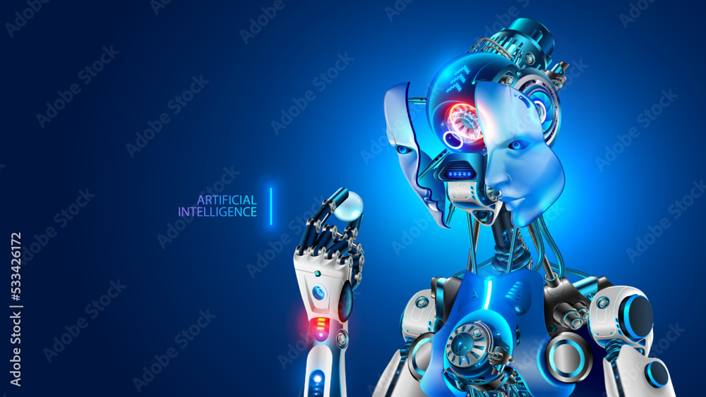 Robot with AI hold in hand core of electronic brain. Face cyborg opened ...