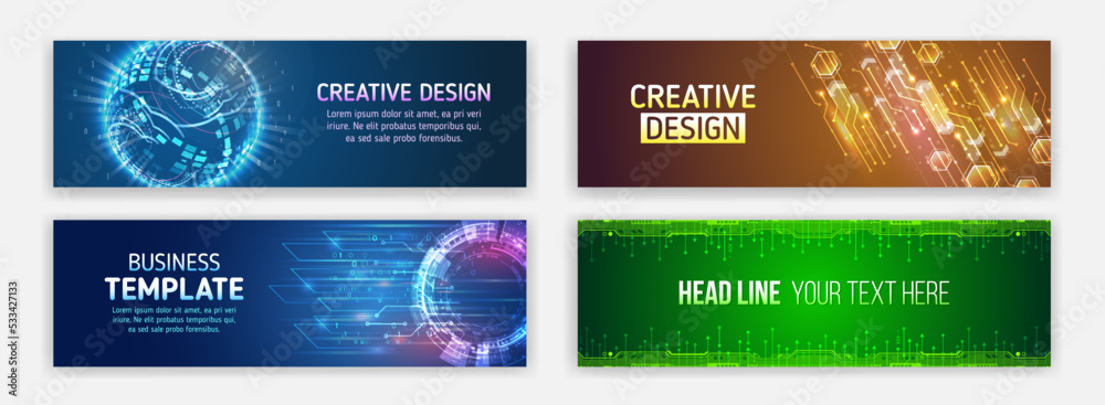 Abstract horizontal promotion media cover design. Big data futuristic web background ...