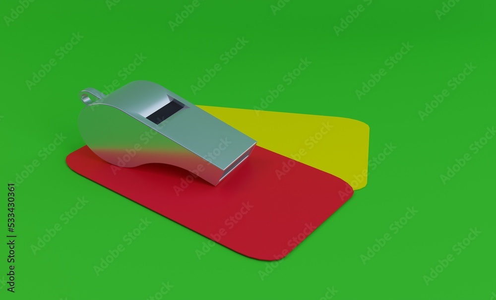 3d illustration, whistle and cards used by the referee in the game ...