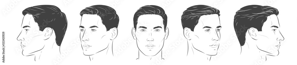 vector Set of man face portrait three different angles and turns of a ...