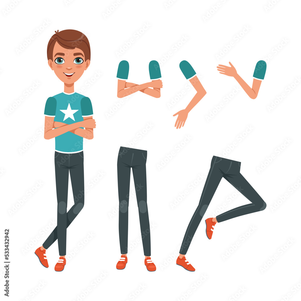 Full length portrait of boy, legs and arms set. Cute boy character ...