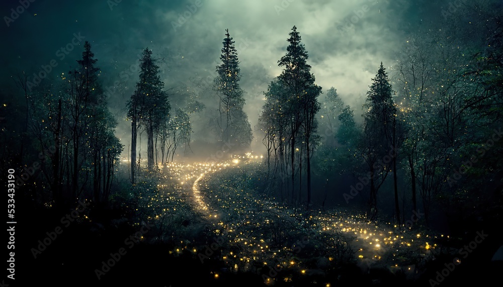 Night in the forest with dark trees and a road, fireflies under the ...